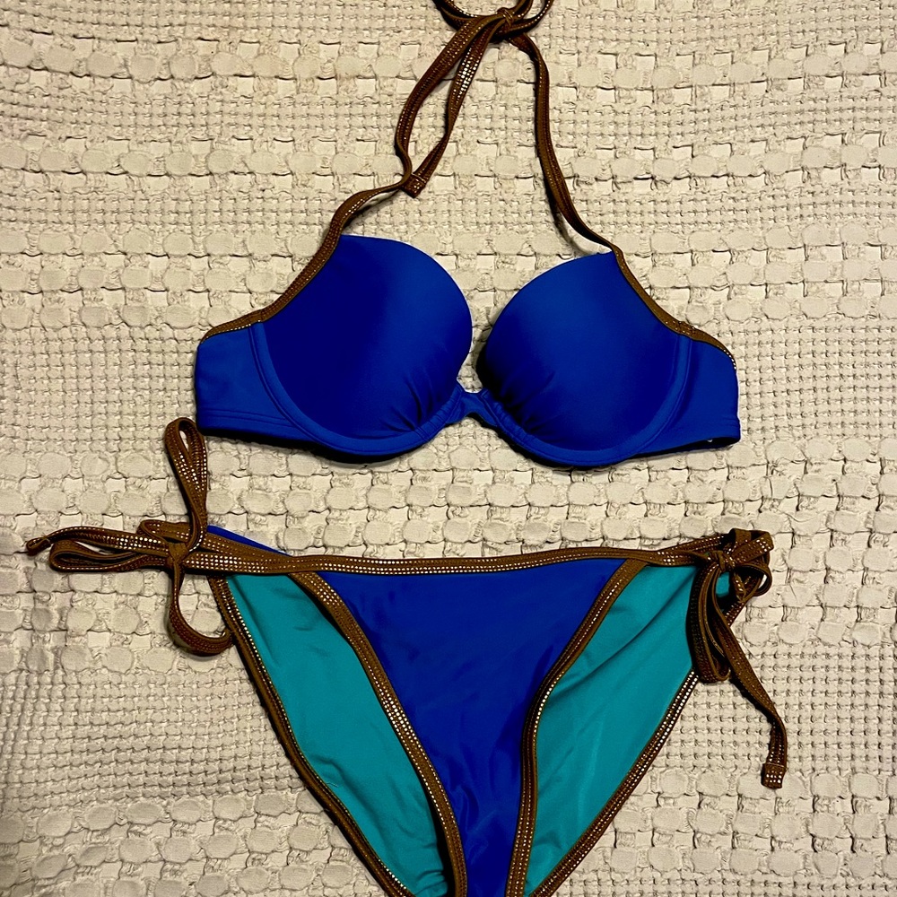 Royal Blue String Bikini With Gold And Tan Straps - Gem